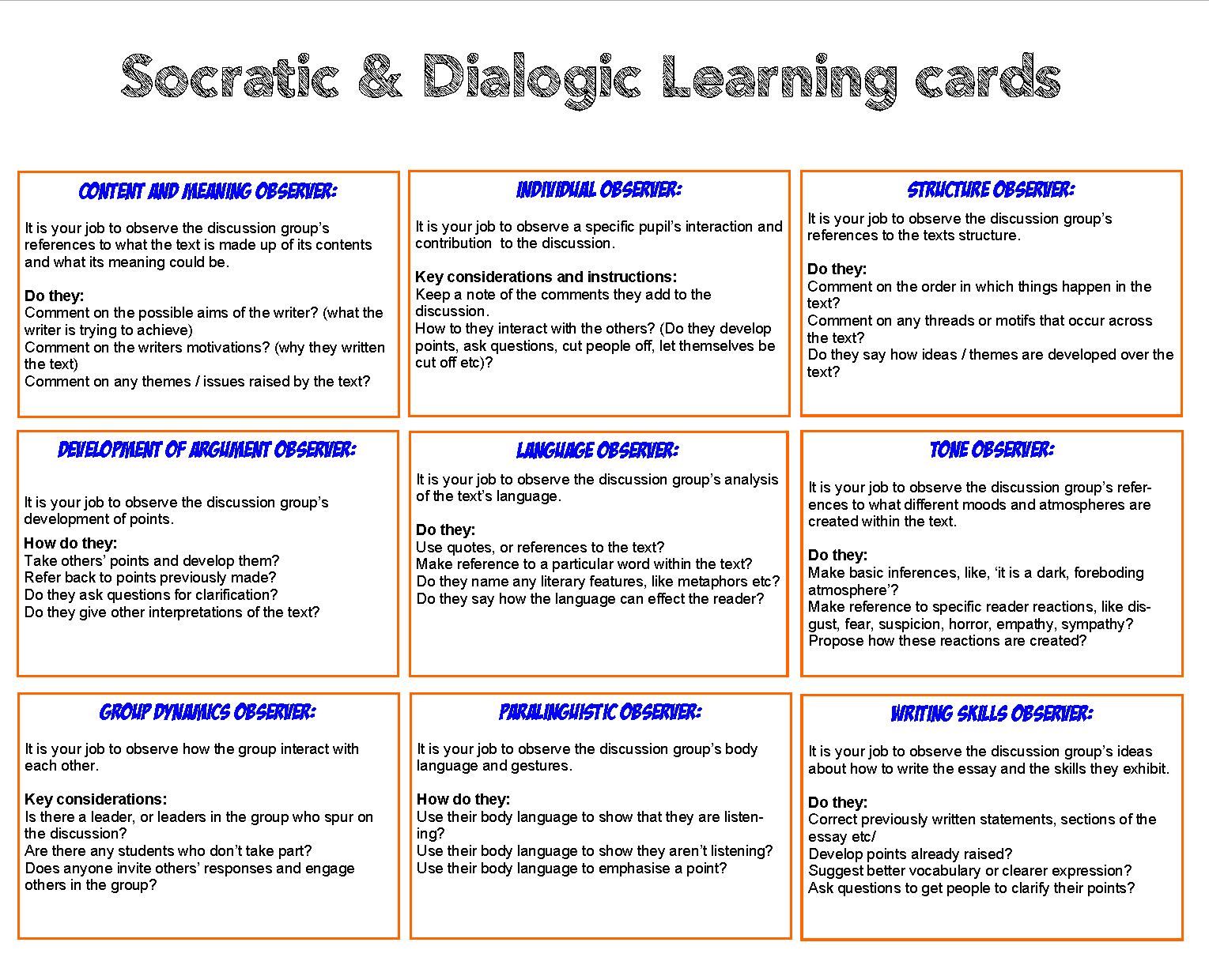Socratic & Dialogic learning cards | Gary King